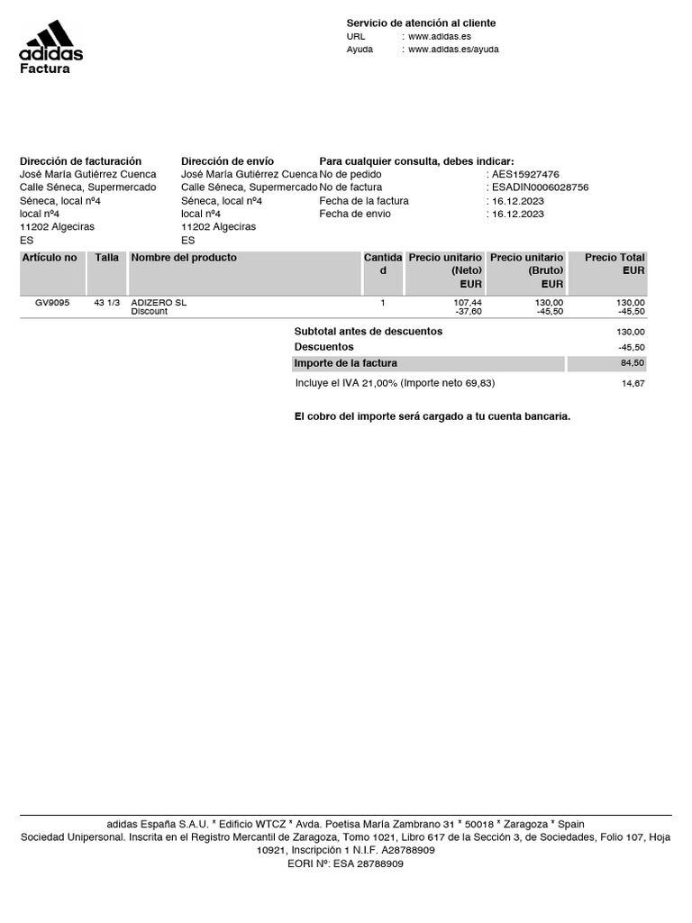 Factura Zapatillas Adidas | PDF