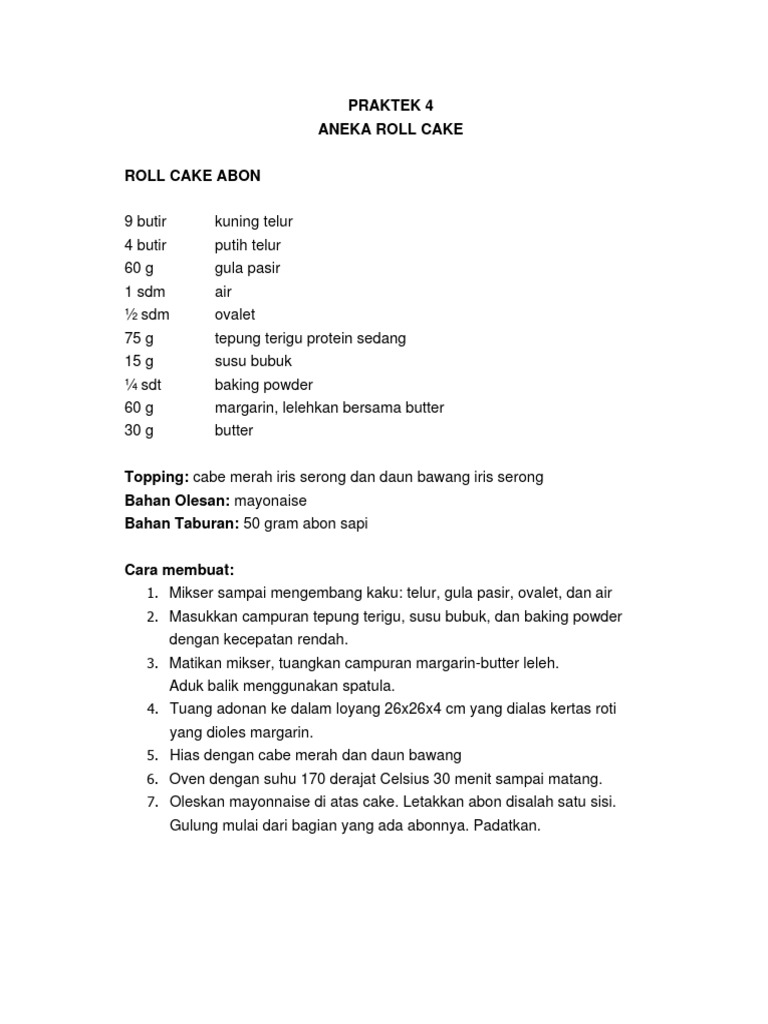 Praktek 4 Pastry Roll Cake | PDF | Memasak, Makanan, & Anggur