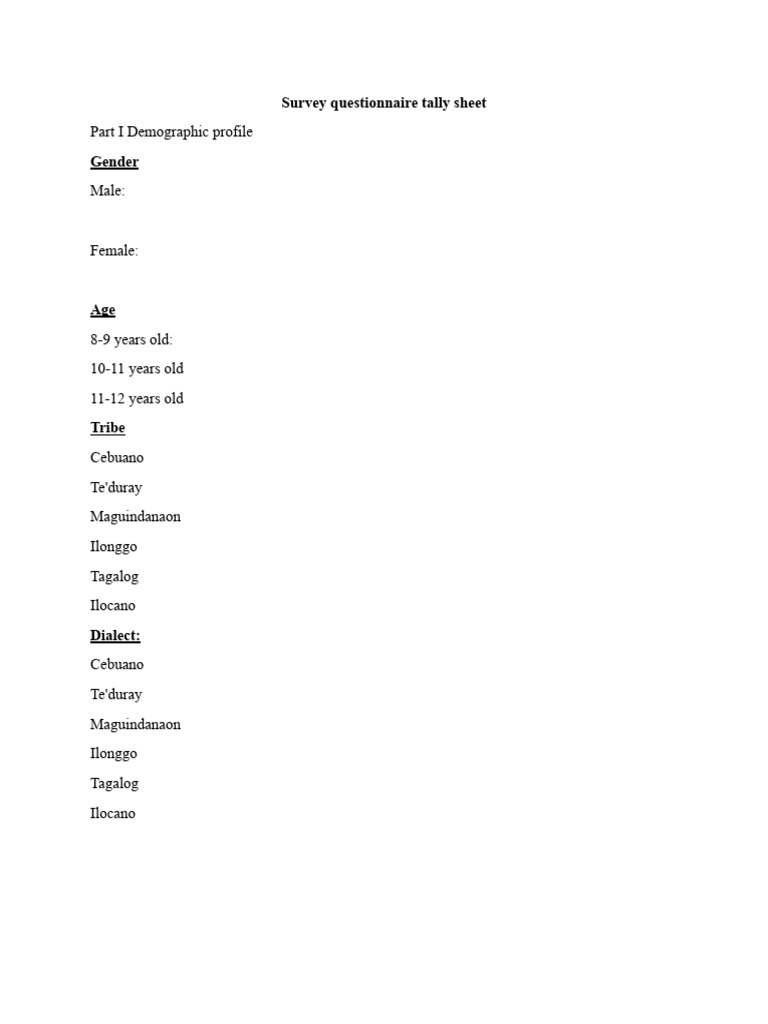 Survey Questionnaire Tally Sheet | PDF