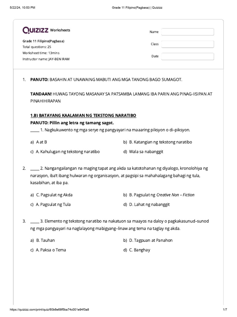 Grade 11 Filipino(Pagbasa) _ Quizizz | PDF