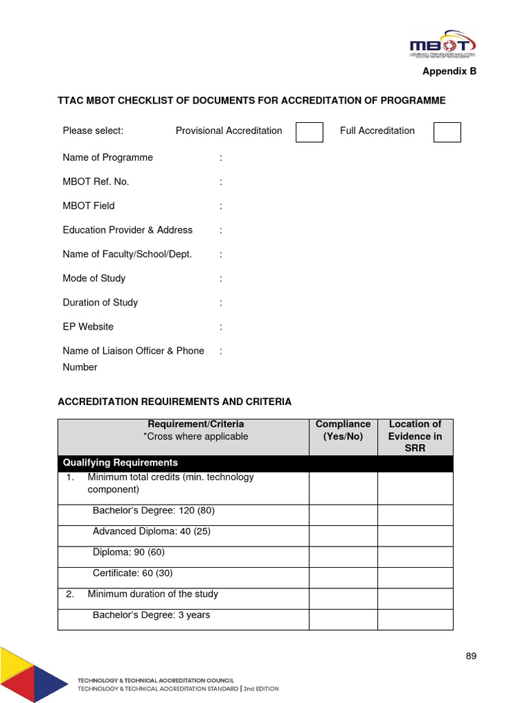 Ttac Mbot Checklist of Document For Accreditation of Programme | PDF ...