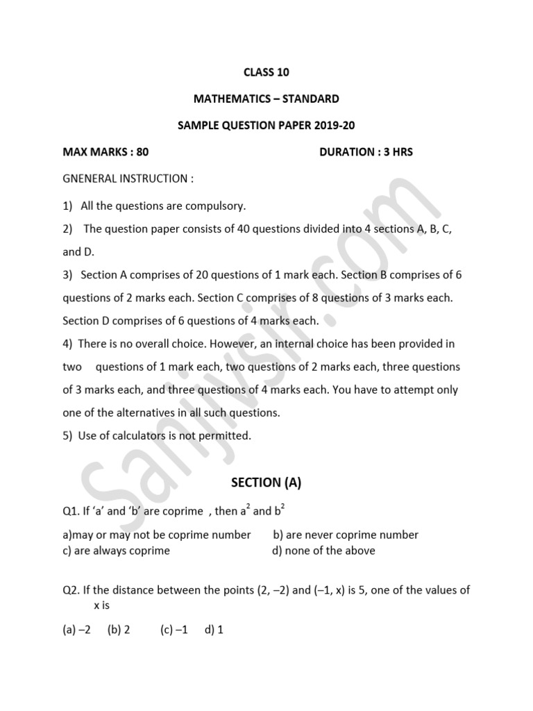 Class 10 Mathematics - Standard Sample Question Paper 2019-20 Max Marks: 80 Duration: 3 Hrs ...