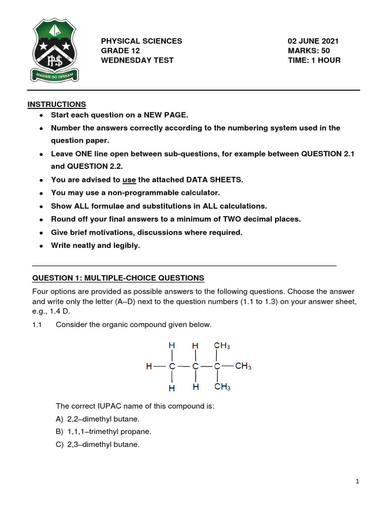 Grade 12 Physical Sciences Test Guide | PDF | Isomer | Chemical Reactions