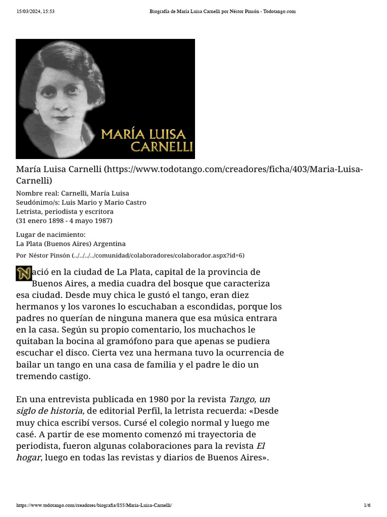 Biografía de María Luisa Carnelli Por Néstor Pinsón | PDF | Tango ...