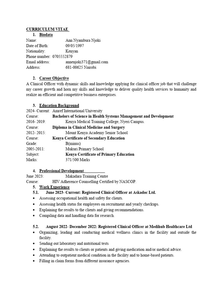 Clinical Officer CV: Ann Nyambura Njoki | PDF | Patient | Health Sciences