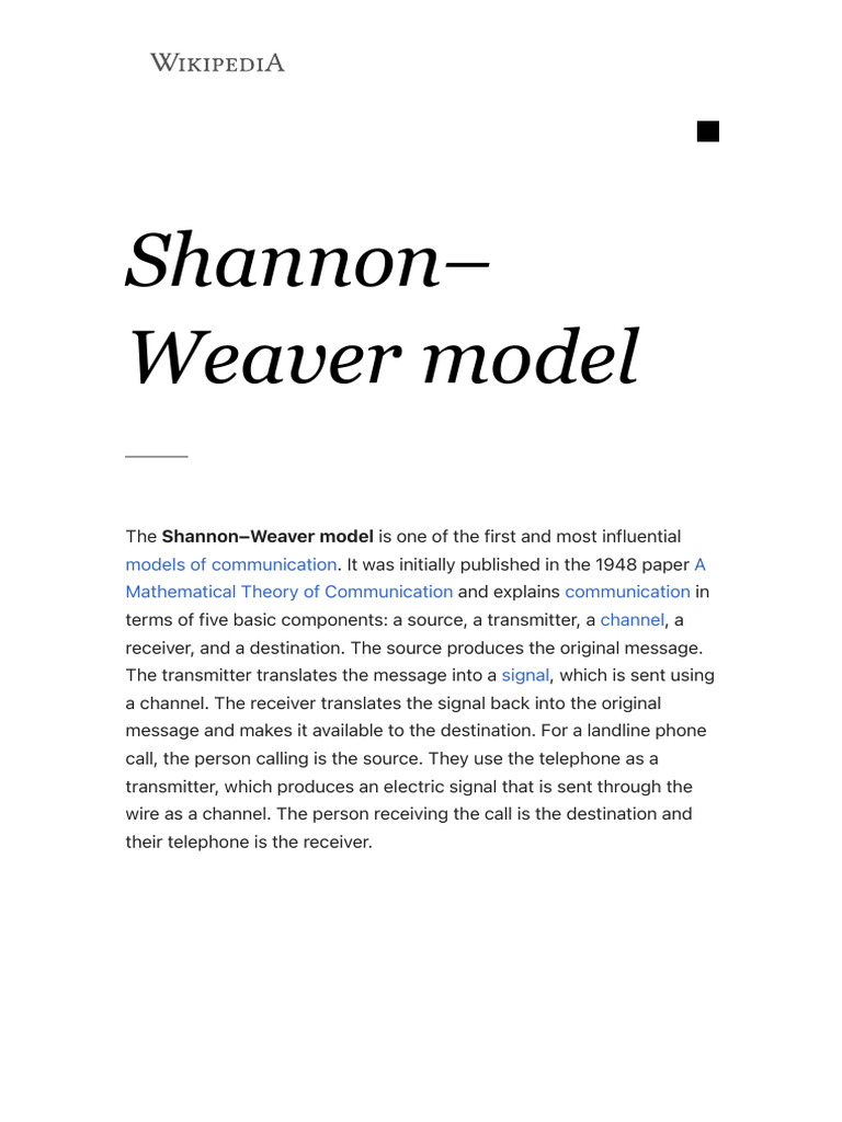 Shannon - Weaver Model: Models of Communication A Mathematical Theory ...