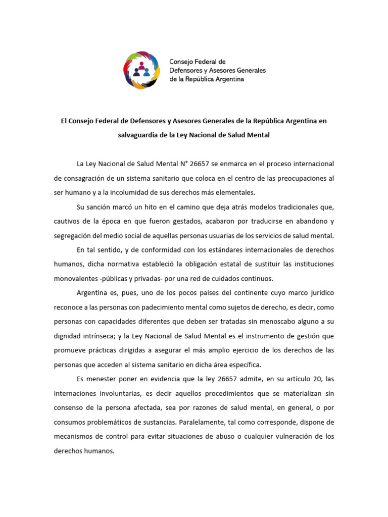 Comunicado_Ley_Salud_Mental_CFDAGRA | PDF | Salud mental | Justicia