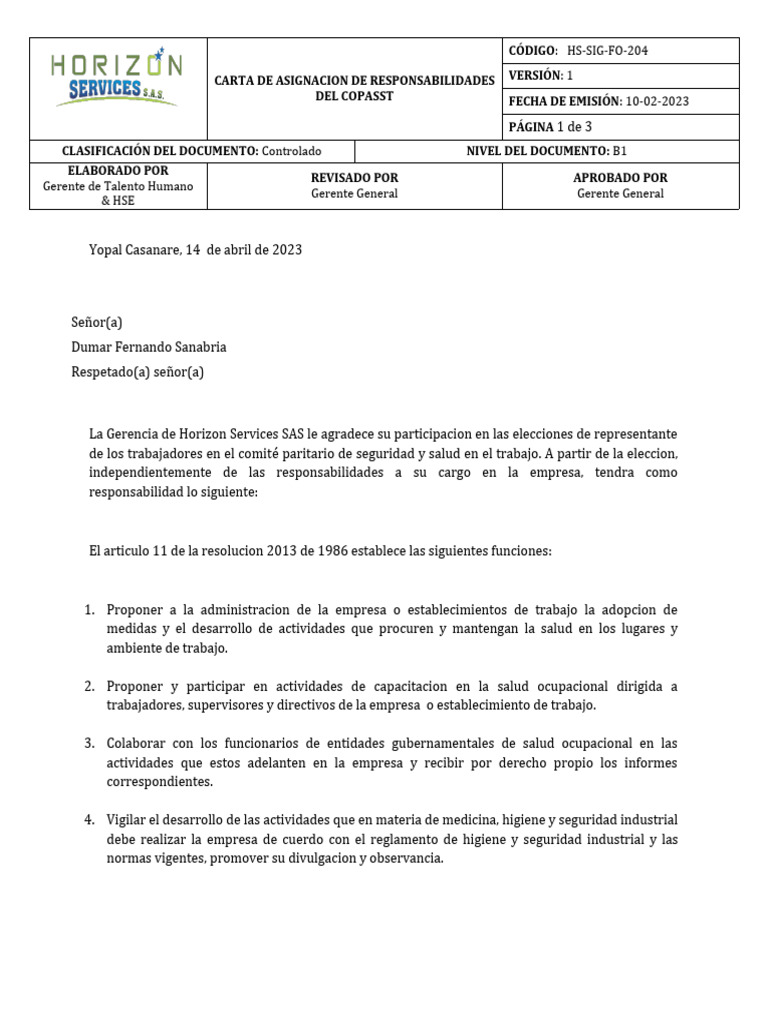 HS-SIG-FO-204 Carta de Adignacion de Responsabilidades Del Copasst V1 | PDF | Seguridad y salud ...