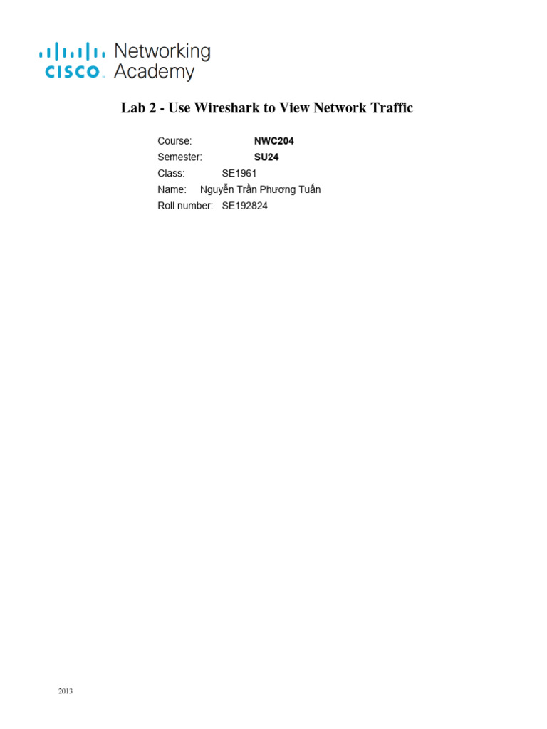 Lab 2 - Use Wireshark To View Network Traffic | PDF | Internet Protocols | Computer Network