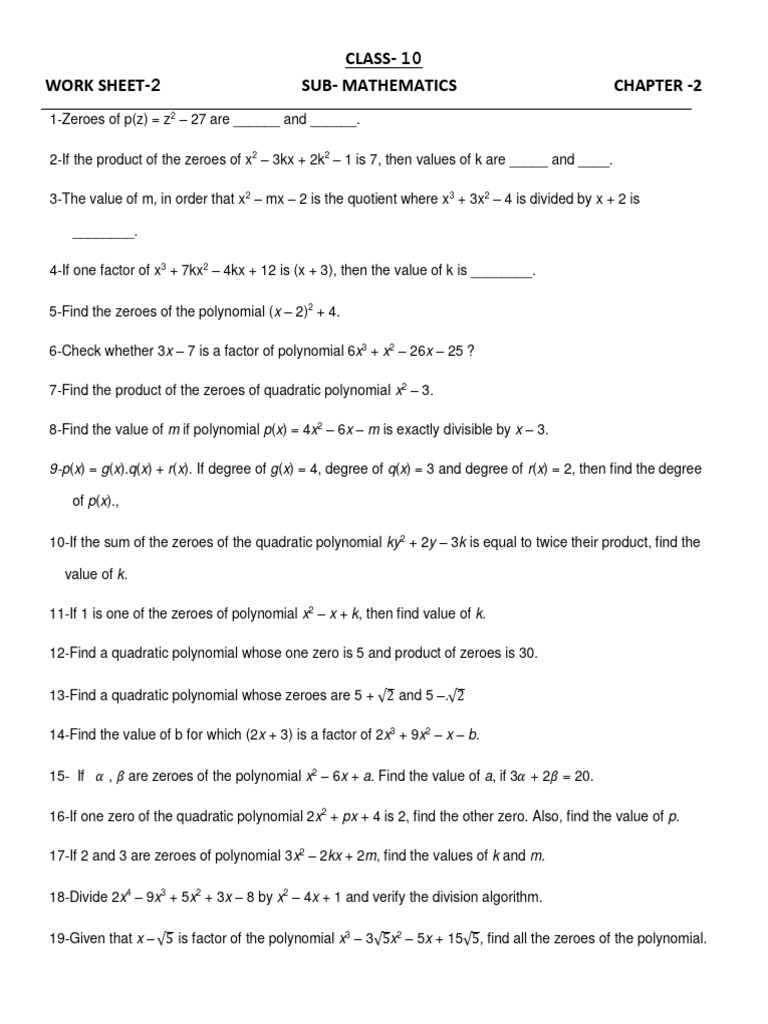 Class 10 Sub - Maths Work Sheet (Chapter 2) | PDF | Teaching Methods & Materials | Science ...