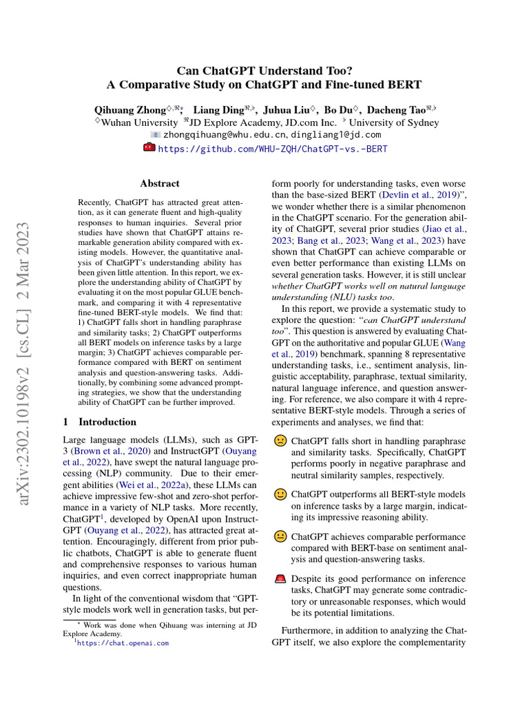 Can Chatgpt Understand Too? A Comparative Study On Chatgpt and Fine-Tuned Bert | PDF ...