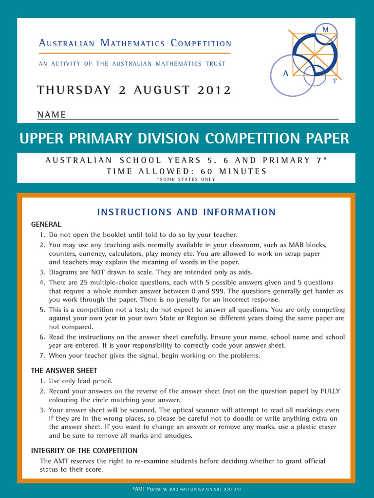 2012 AMC Upper Primary Years 5 And 6 Questions Australian Mathematics