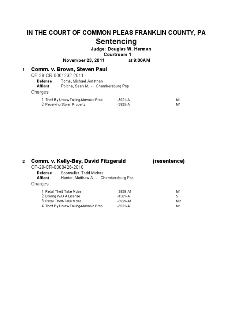 Franklin County Sentencing Docket | PDF | Driving Under The Influence ...