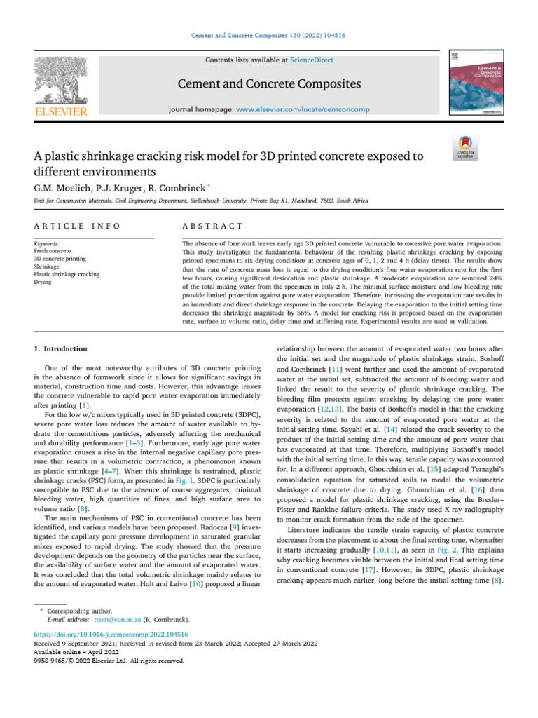 A Plastic Shrinkage Cracking Risk Model For 3d Printed Concrete Exposed To Different