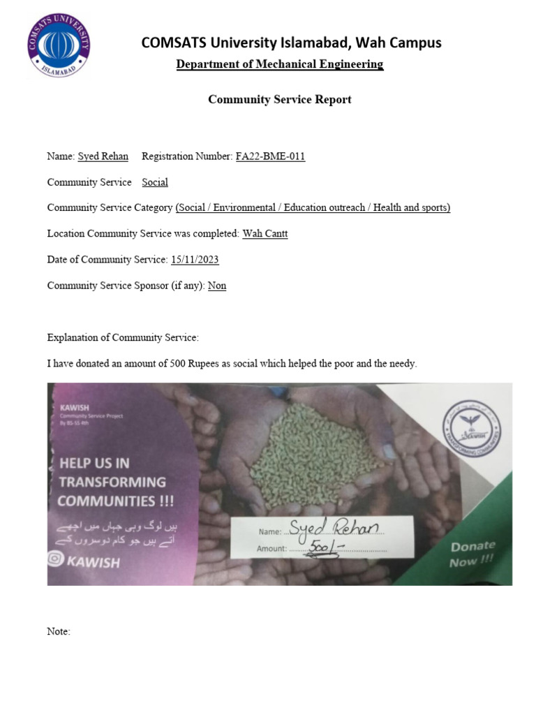 Community Service Report by Syed Rehan | PDF | Career & Growth