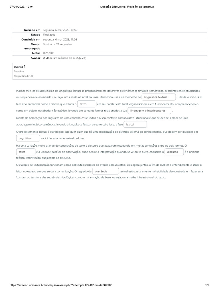 Questão Discursiva - Revisão Da Tentativalingtext | PDF | Linguística | Discurso