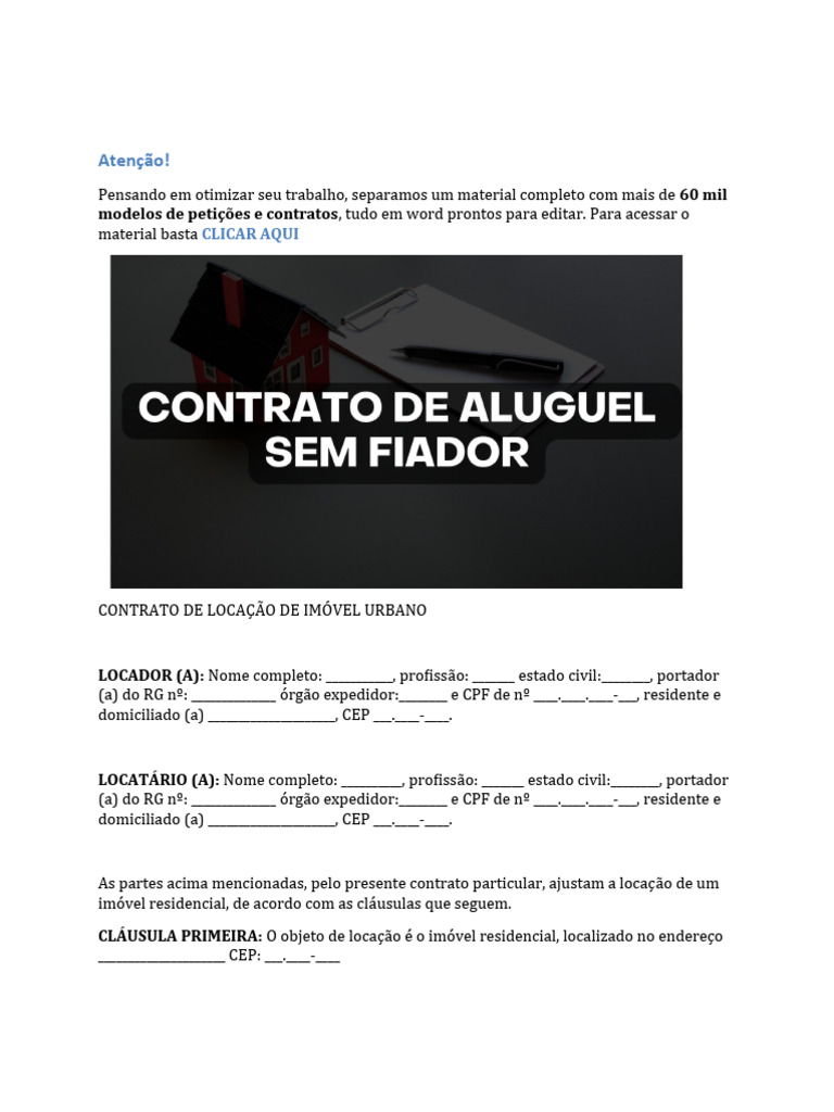 Contrato De Aluguel Editável – Modelo Contrato De Aluguel Residencial ...