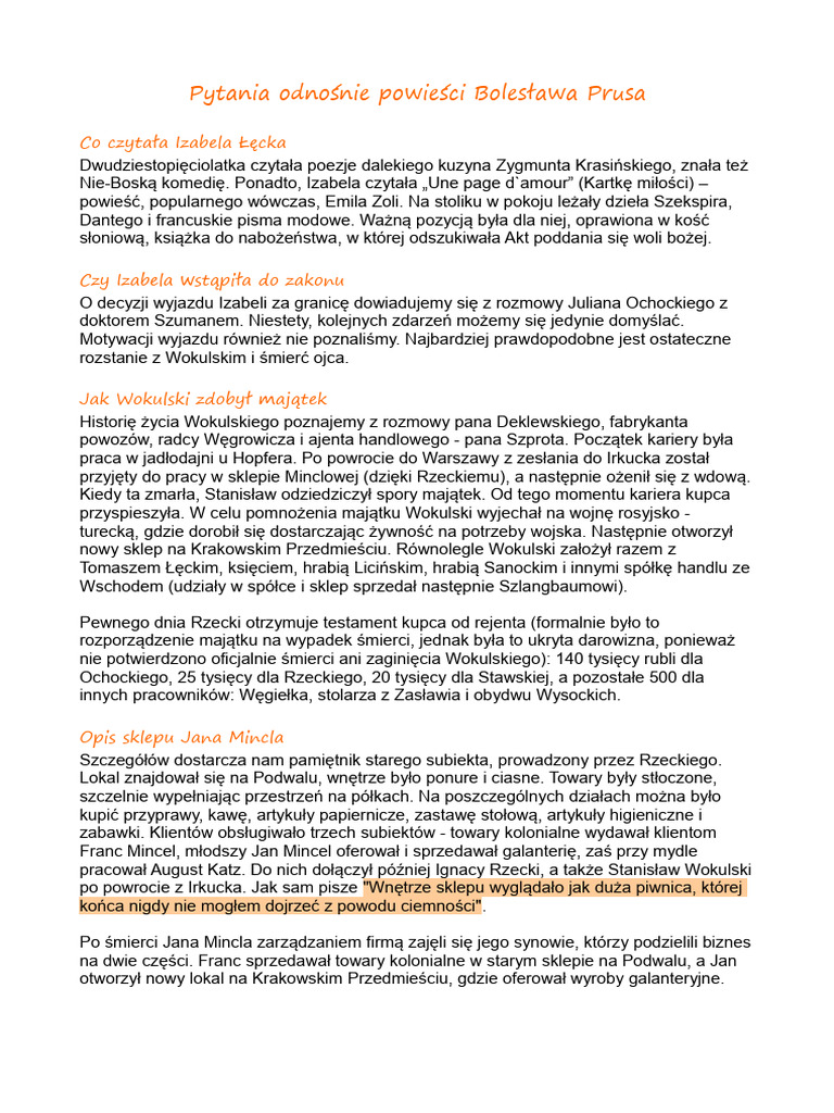 Lalka - Pytania I Odpowiedzi | PDF