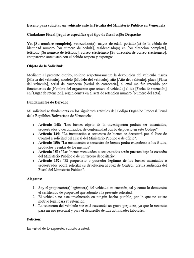Escrito para Solicitar Un Vehículo Ante La Fiscalía Del Ministerio Público en Venezuela ...