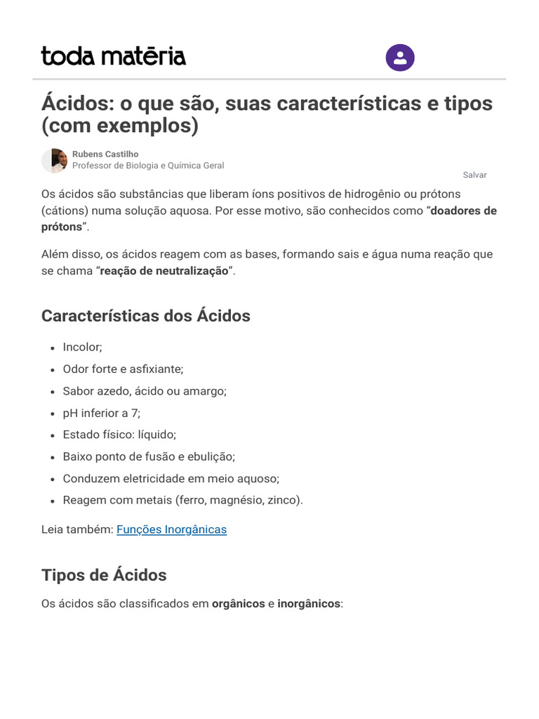 Ácidos: o Que São, Suas Características e Tipos (Com Exemplos) | PDF ...