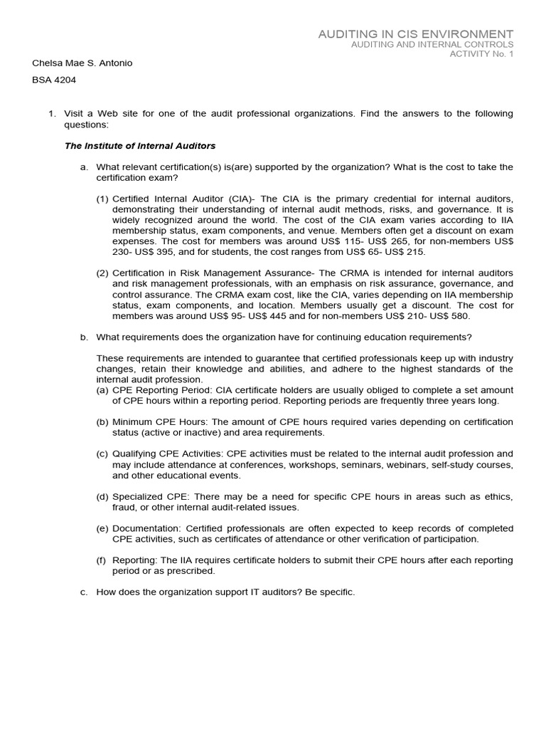 CIS Auditing and Internal Controls Guide | PDF | Internal Audit ...