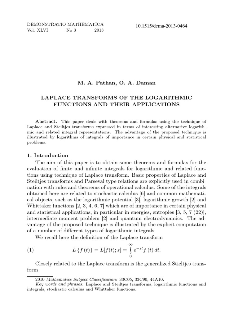 Laplace Transforms of The Logarithmic Functions An | PDF | Laplace ...