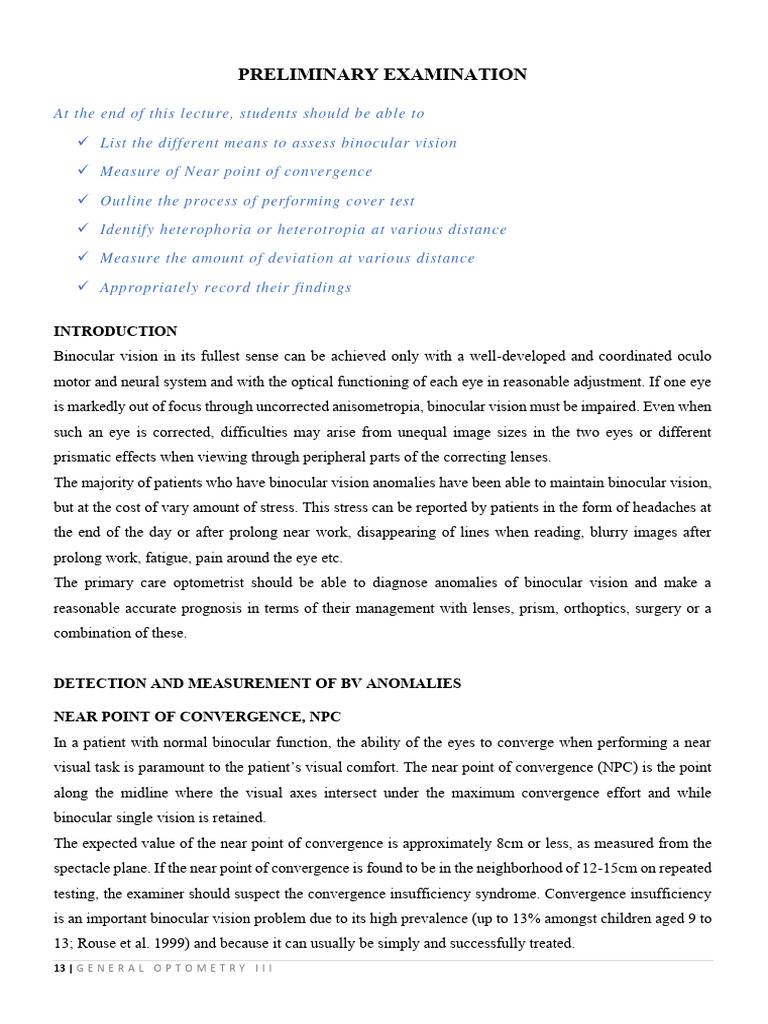 l3 - Preliminary Examination (A) | PDF | Vision | Ophthalmology
