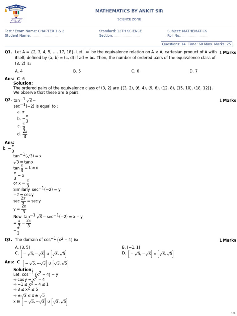 Chapter 1 & 2-12th Science-mathematics-Answersheet | PDF | Mathematical ...