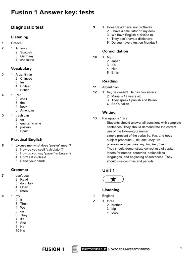 Fusion 1 Answer Key: Diagnostic & Unit Tests | PDF | English Language ...