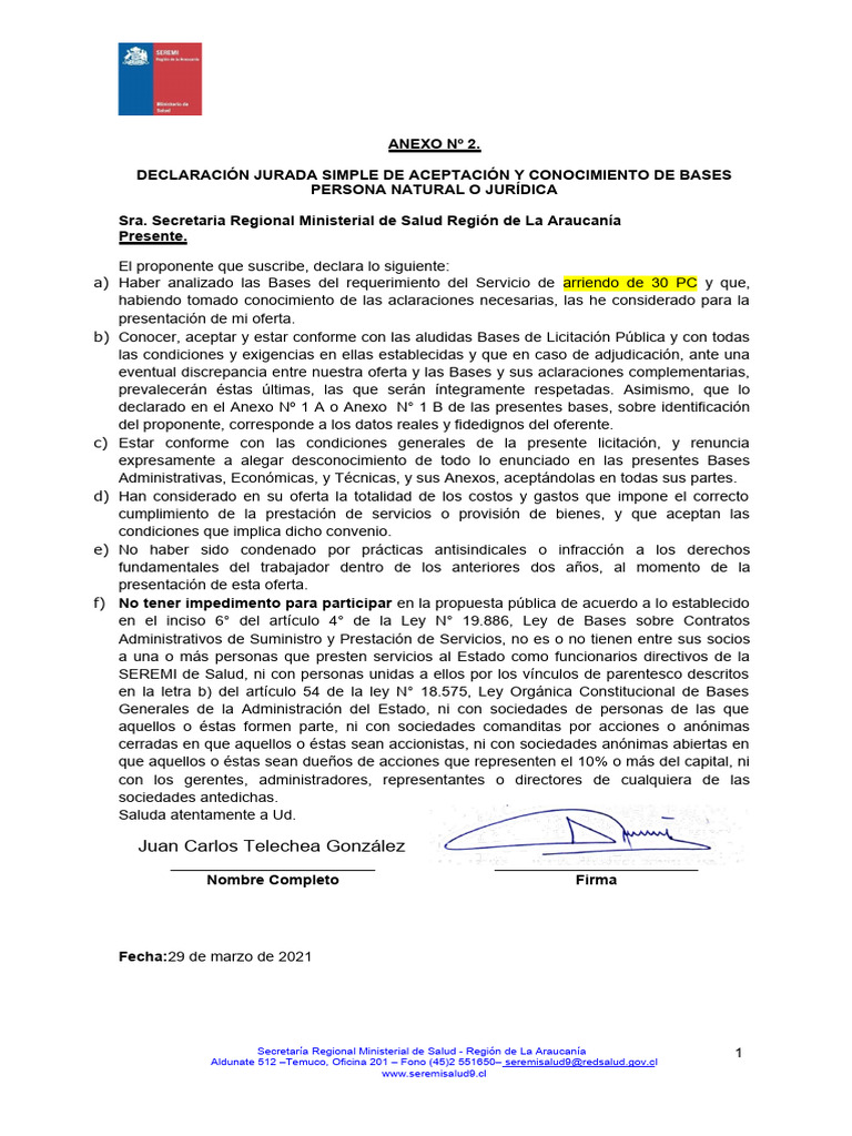 Anexo 2 Declaracion Jurada Simple Bases | Descargar gratis PDF | Justicia | Crimen y violencia