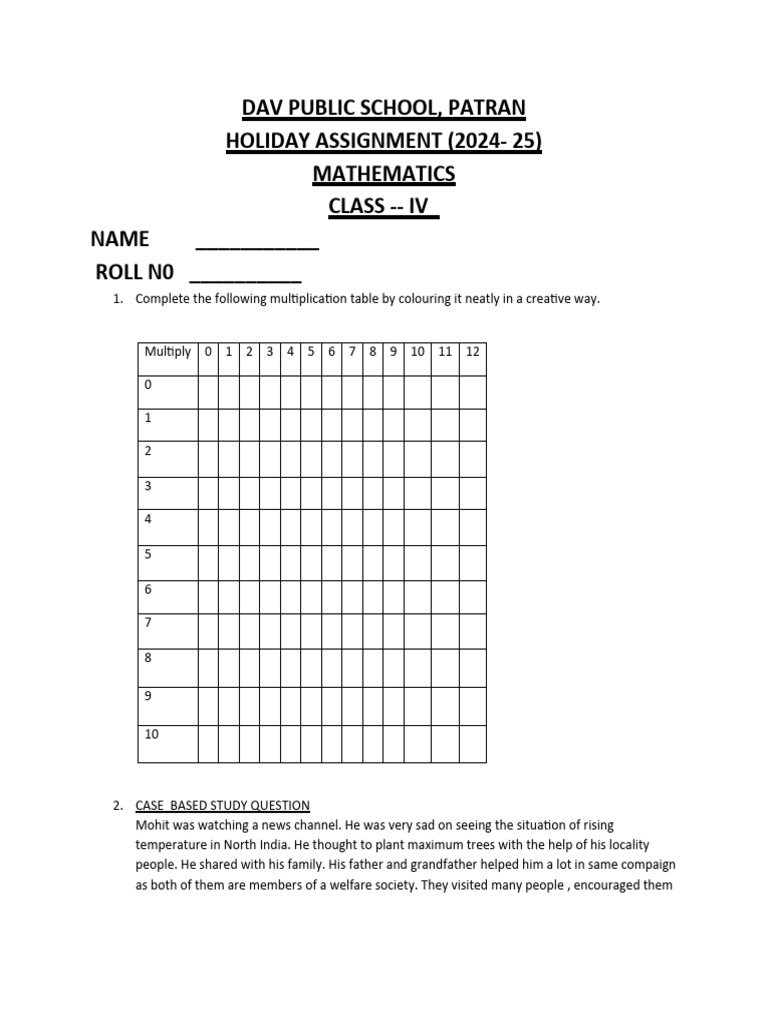 Class 4 Holidays Homework | Download Free PDF | Mathematics