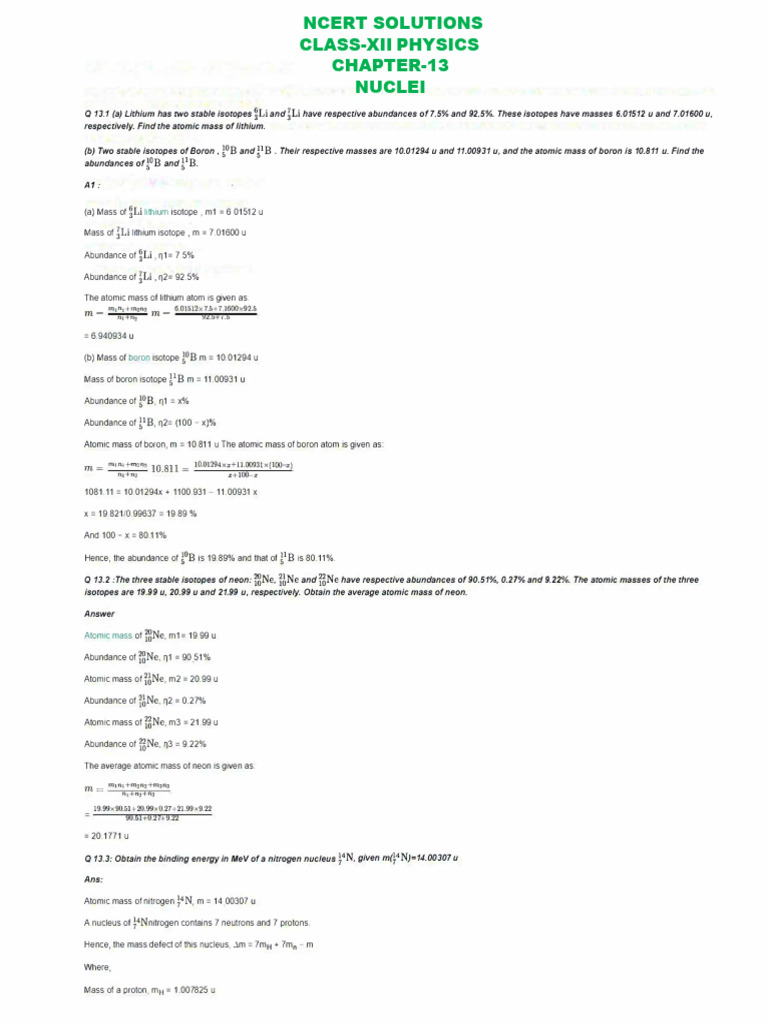 Ncert Solutions Class 12 Physics Chapter 13 Nuclei | PDF | Isotope | Atomic Nucleus