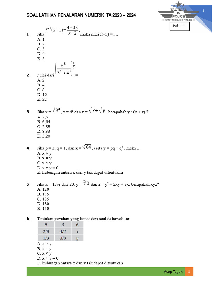 Soal Latihan Penalaran Numerik 2024 Paket 1 | PDF | Metode & Bahan Ajar