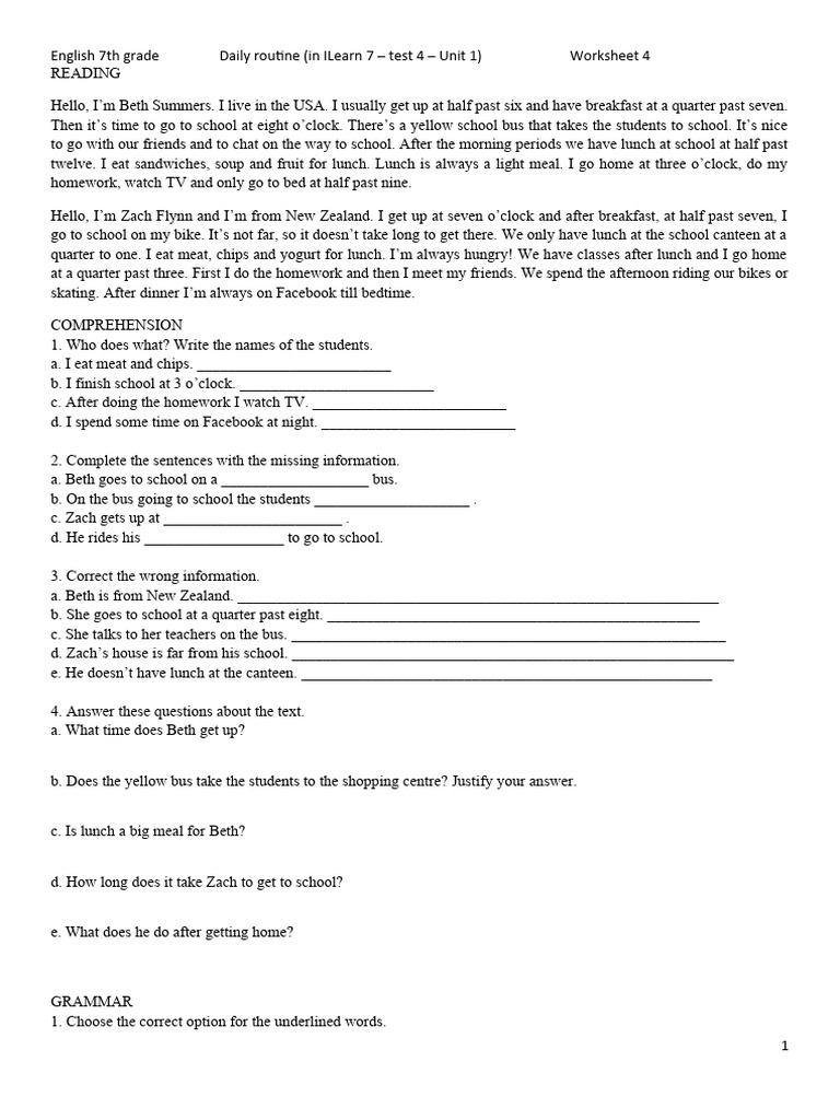 7th Grade Daily Routine Worksheet | PDF | Lunch | Eating Behaviors Of ...