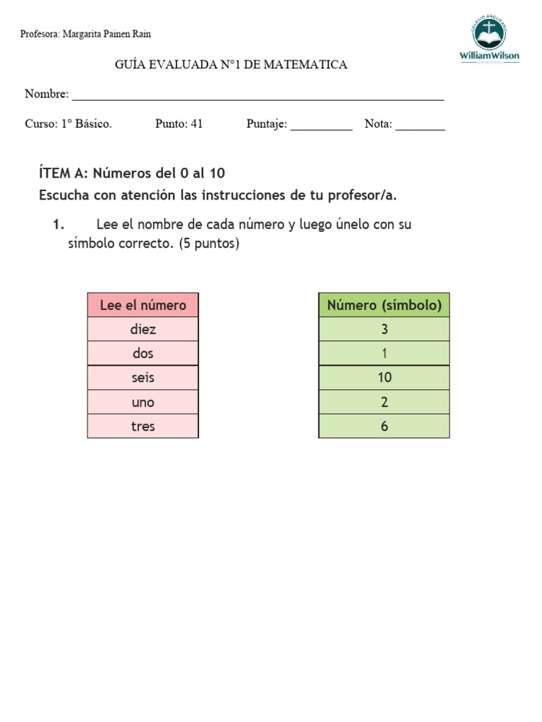Guía Evaluada N°1 Matematica 1° Básico | PDF