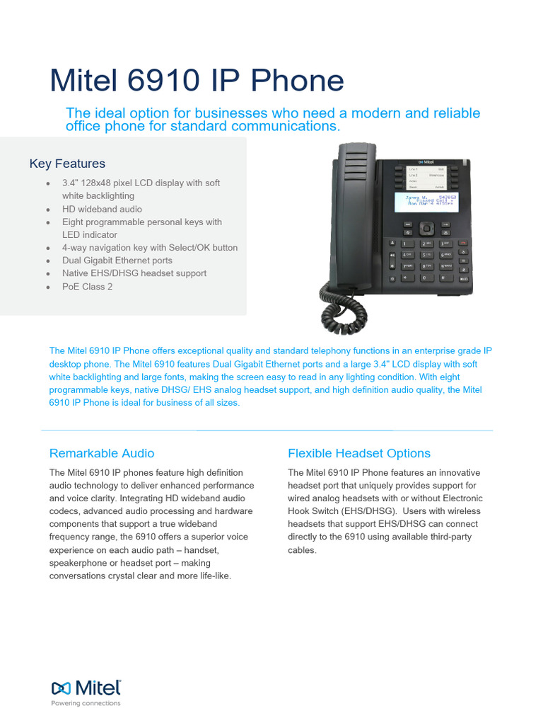 Datasheet Mitel 6910 | Download Free PDF | Telephone | Telecommunications