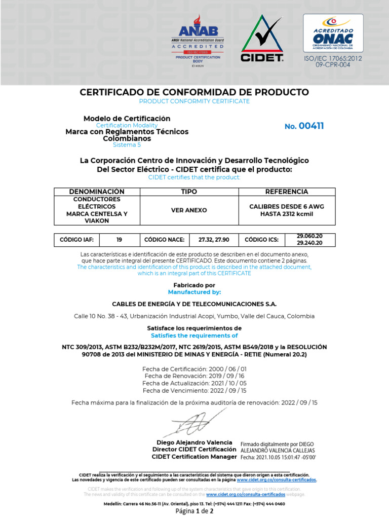 Certificados Materiales Varios 2 | PDF | Conductor electrico | Electricidad