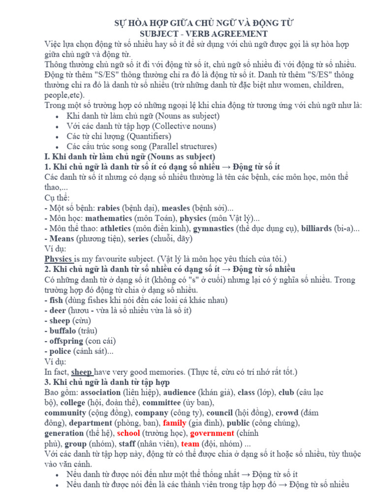 S Hòa H P Gi A CH NG Và Đ NG T (SUBJECT - VERB AGREEMENT) | PDF