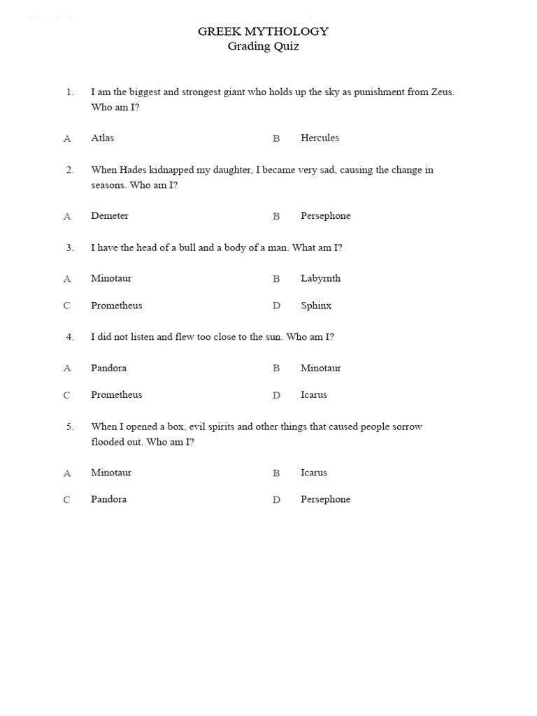 Quiz - Greek Myths | PDF | Hades | Persephone