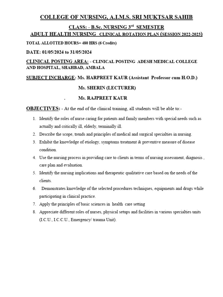 Clinical Rotation Plan BSC 3rd Sem | PDF | Nursing | Medicine