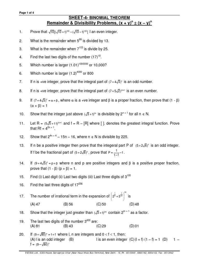 Binomial - SHEET - 4 Fiitjee | PDF | Numbers | Teaching Mathematics