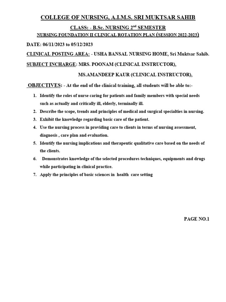 Nursing Foundation Clinical Rotation Plan B Sc N 1st Sem 2022 2023