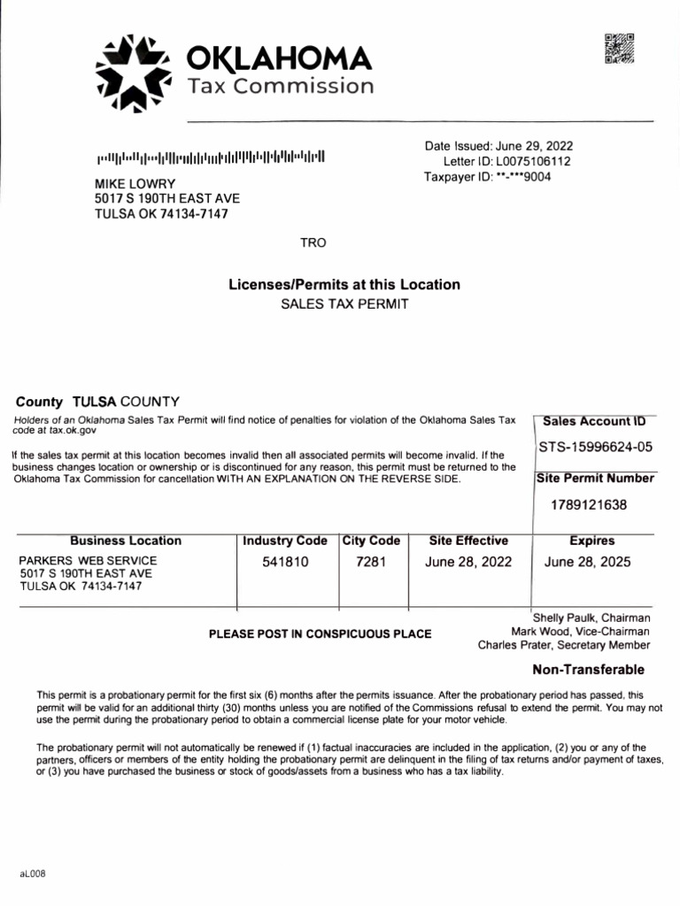 Oklahoma Sales Tax Permit Details | PDF | Taxation | Payments