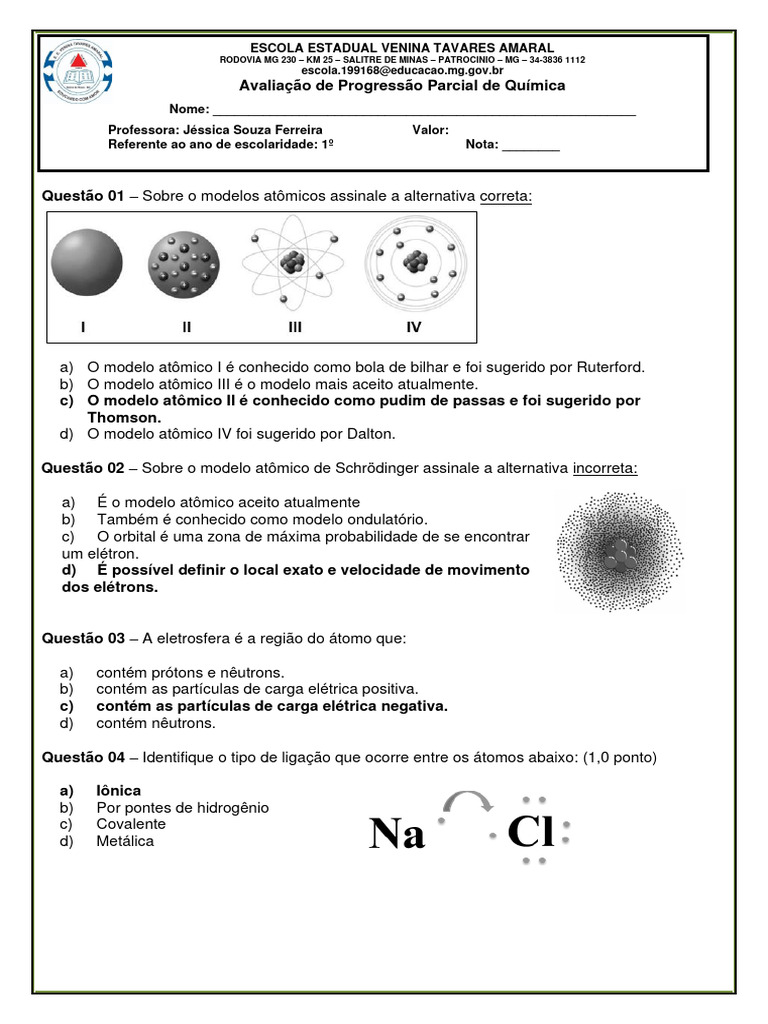 Avaliação De Química Progressão Parcial 1º Ano Pdf Reações