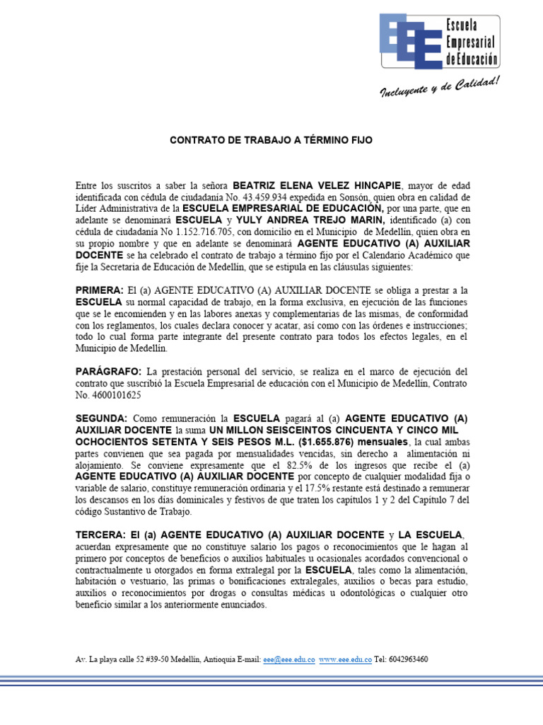 6.contrato Laboral Yuli Trejos | PDF | Pedagogía | Derecho laboral