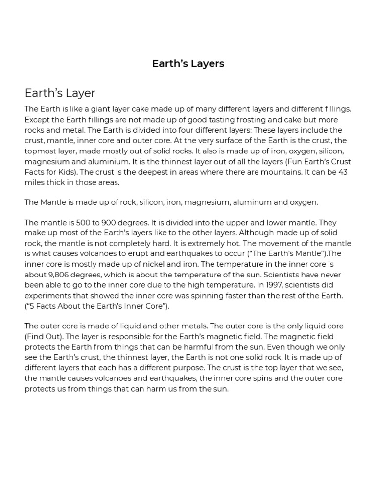 Earth's Layers - (Essay Example), 375 Words GradesFixer | PDF
