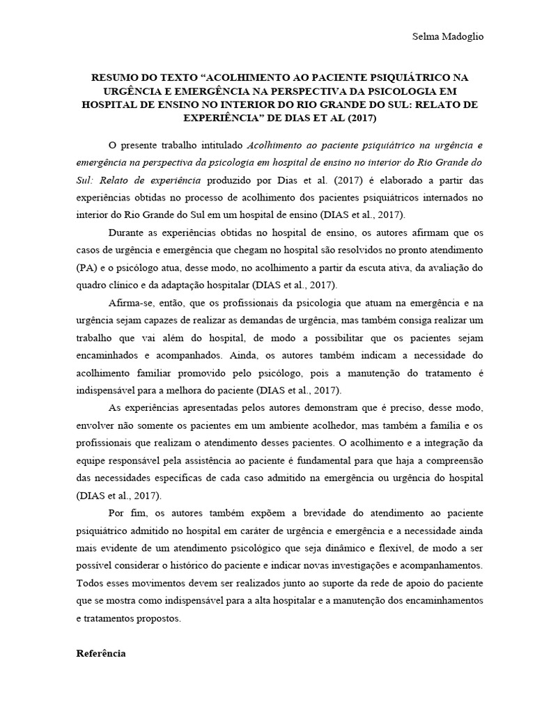 Acolhimento Ao Paciente RESUMO ARTIGO | PDF | Psicologia | Psiquiatria