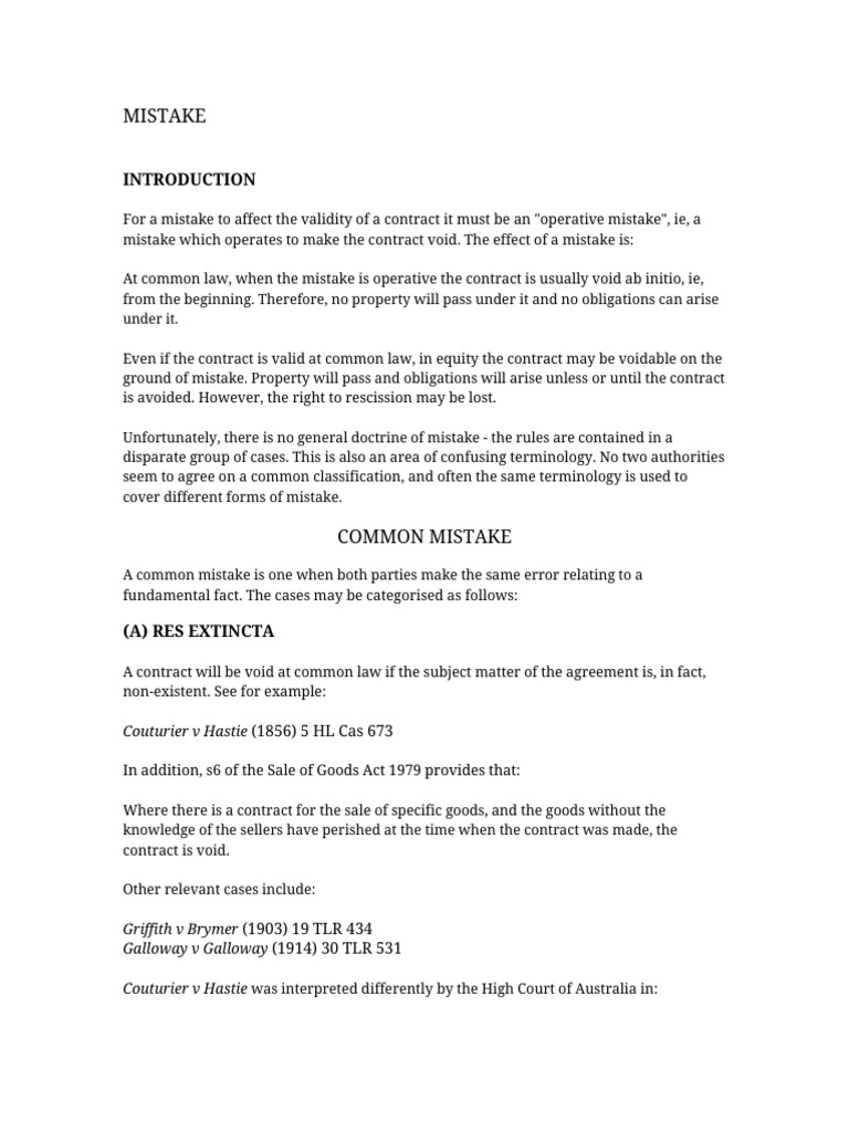 Mistake Pdf Contract Law Consent