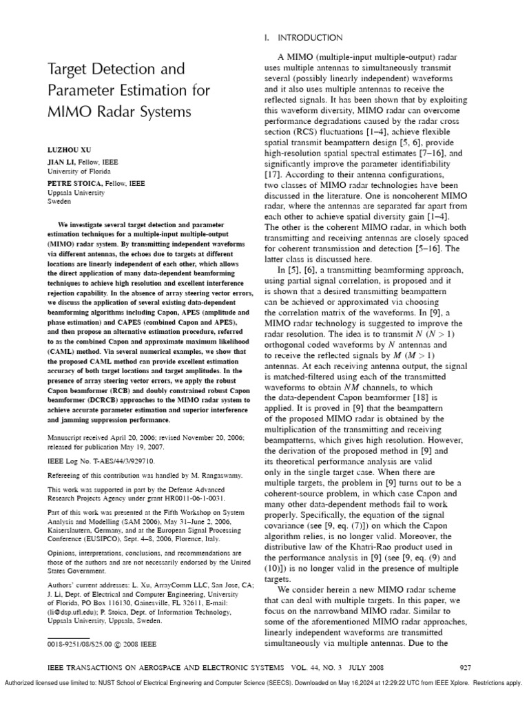 Target Detection And Parameter Estimation For Mimo Radar Systems Pdf Mimo Radar
