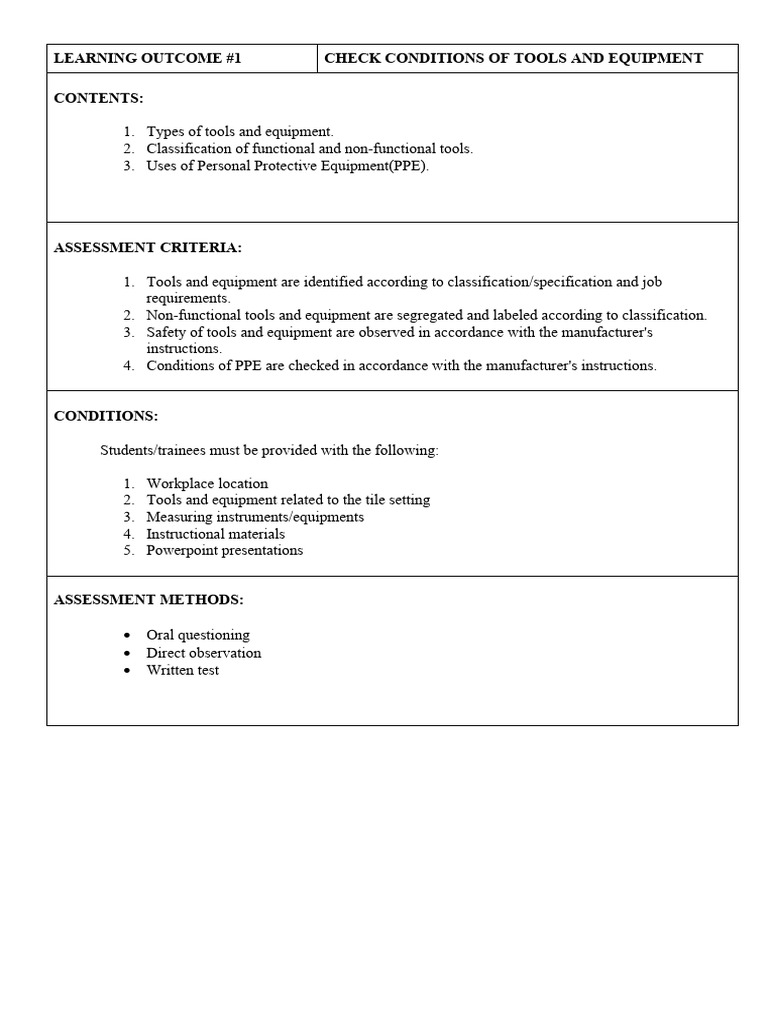 Learning Outcome #1 Check Conditions of Tools and Equipment Contents ...